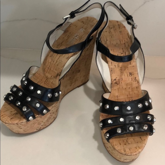 Michael Kors | Shoes | Michael Kors Studded Cork Leather Platform Wedge ...